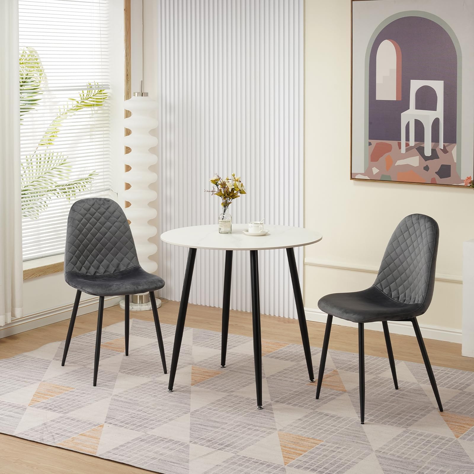Homcasa Small Round Dining Table and Chairs Set 2, Marble Slate 80cm ...