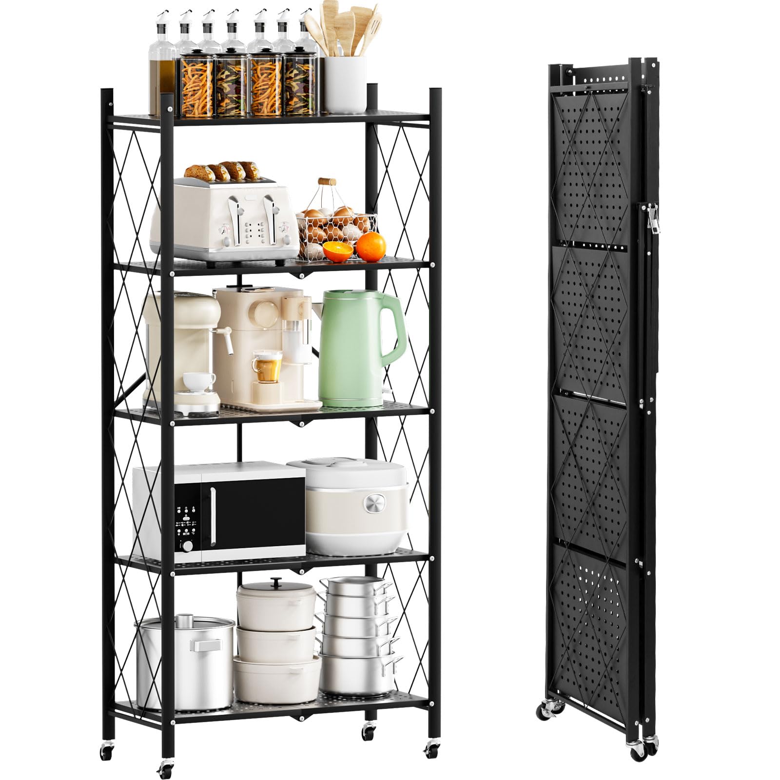 5-Tier Folding Storage Shelves with Wheels, Heavy Duty Foldable ...