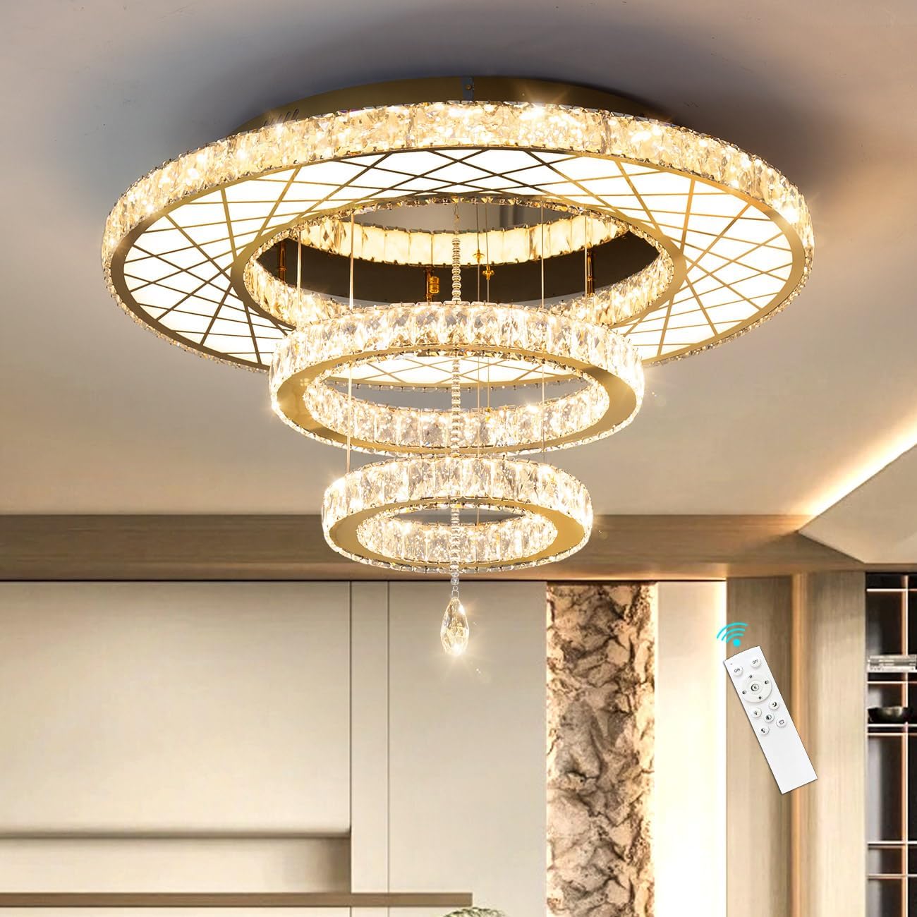 HAIXIANG LED Chandelier for Living Room Ceiling Light, 32in Flush Mount ...