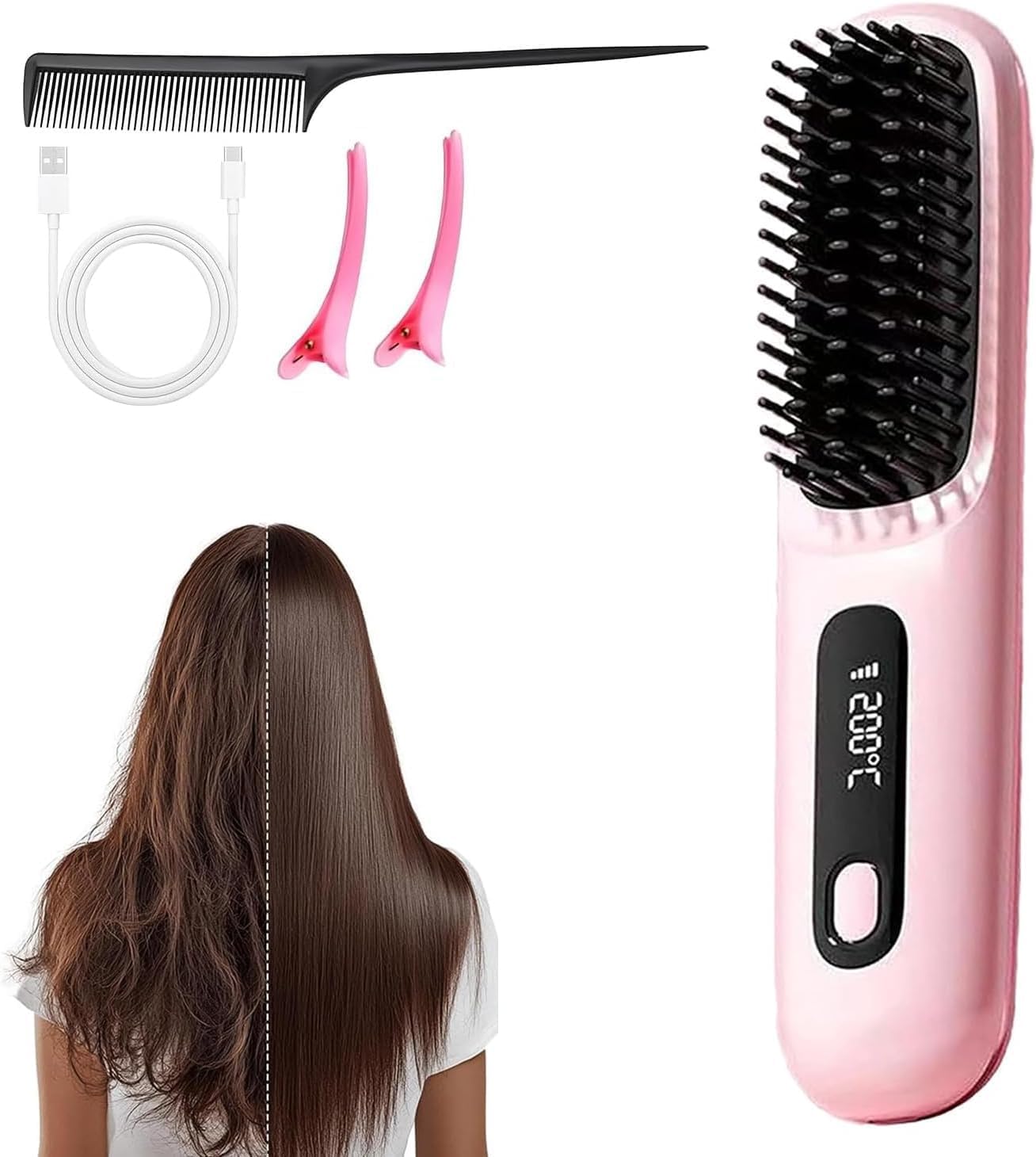 2026 Update Go Brush Pro, Cordless Hair Straightener Brush, Portable ...
