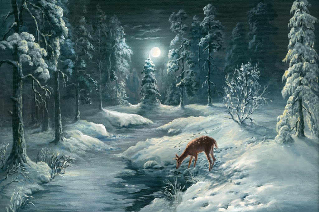 Amazon.com: Deer in Snowy Winter Night Forest Oil Painting Whitetail ...