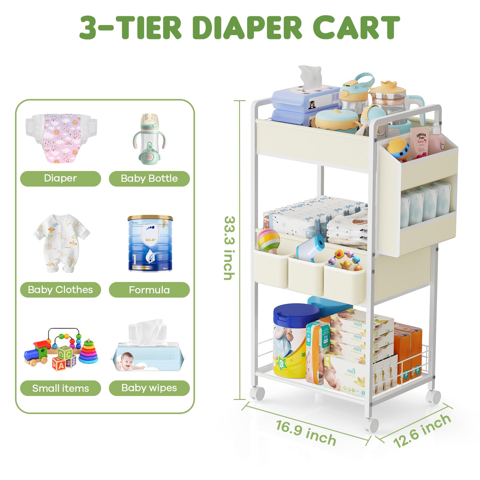 Snapklik.com : JBBTOOL Diaper Caddy Organizer - 3-Tier Rolling Diaper Cart