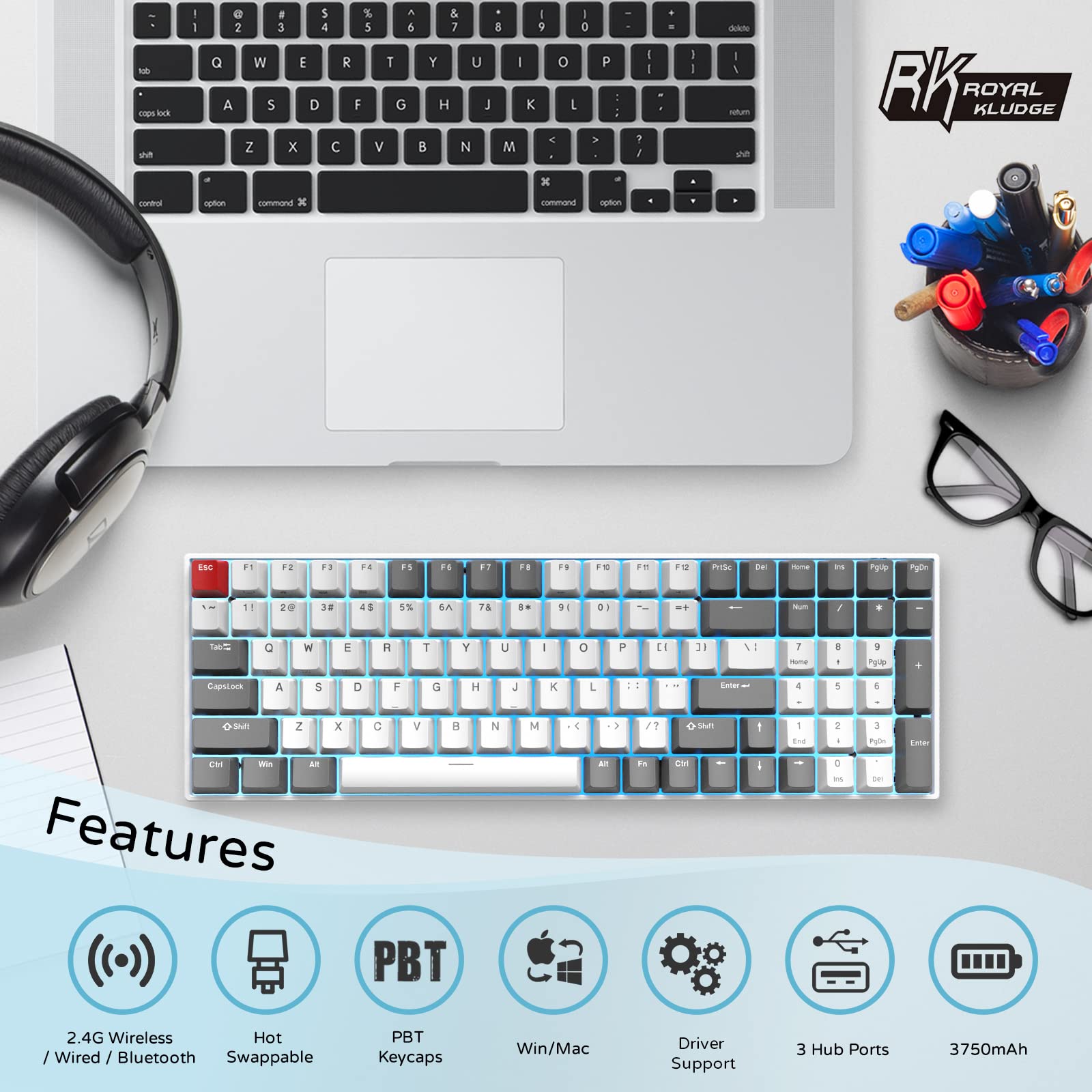 RK ROYAL KLUDGE RK100 Wireless Mechanical Keyboard, Bluetooth5.1/2.4G ...
