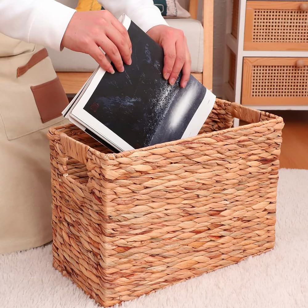 Hand Woven Magazine Basket With handles 15 x 5.1 x 9.8Inch Decorative ...