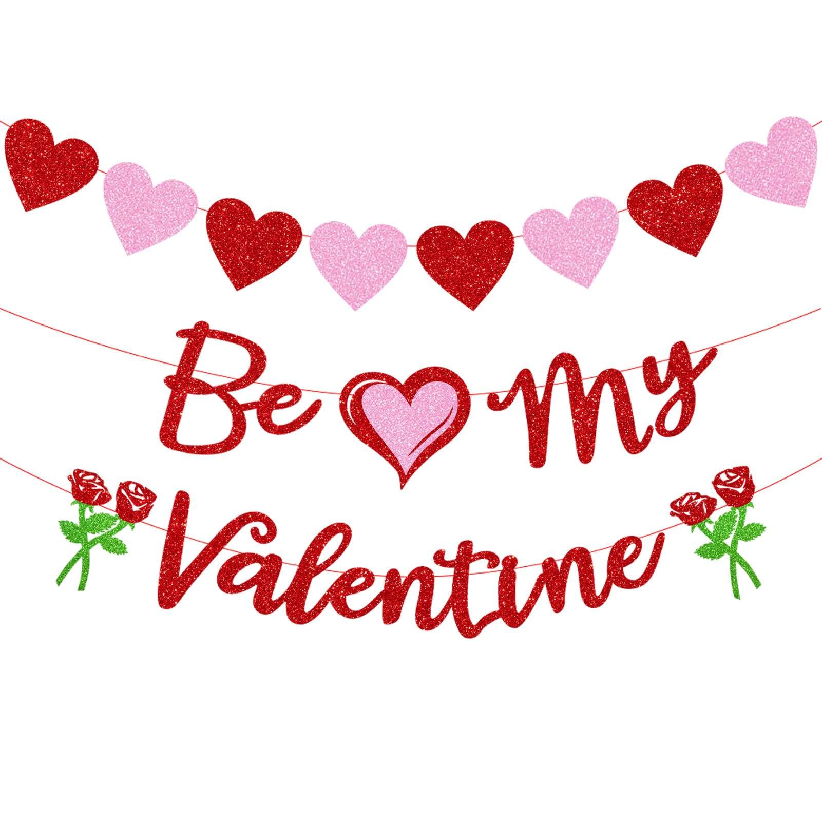 Amazon.com: Glitter Valentine's Day Banner Be My Valentine, Red Pink Be ...