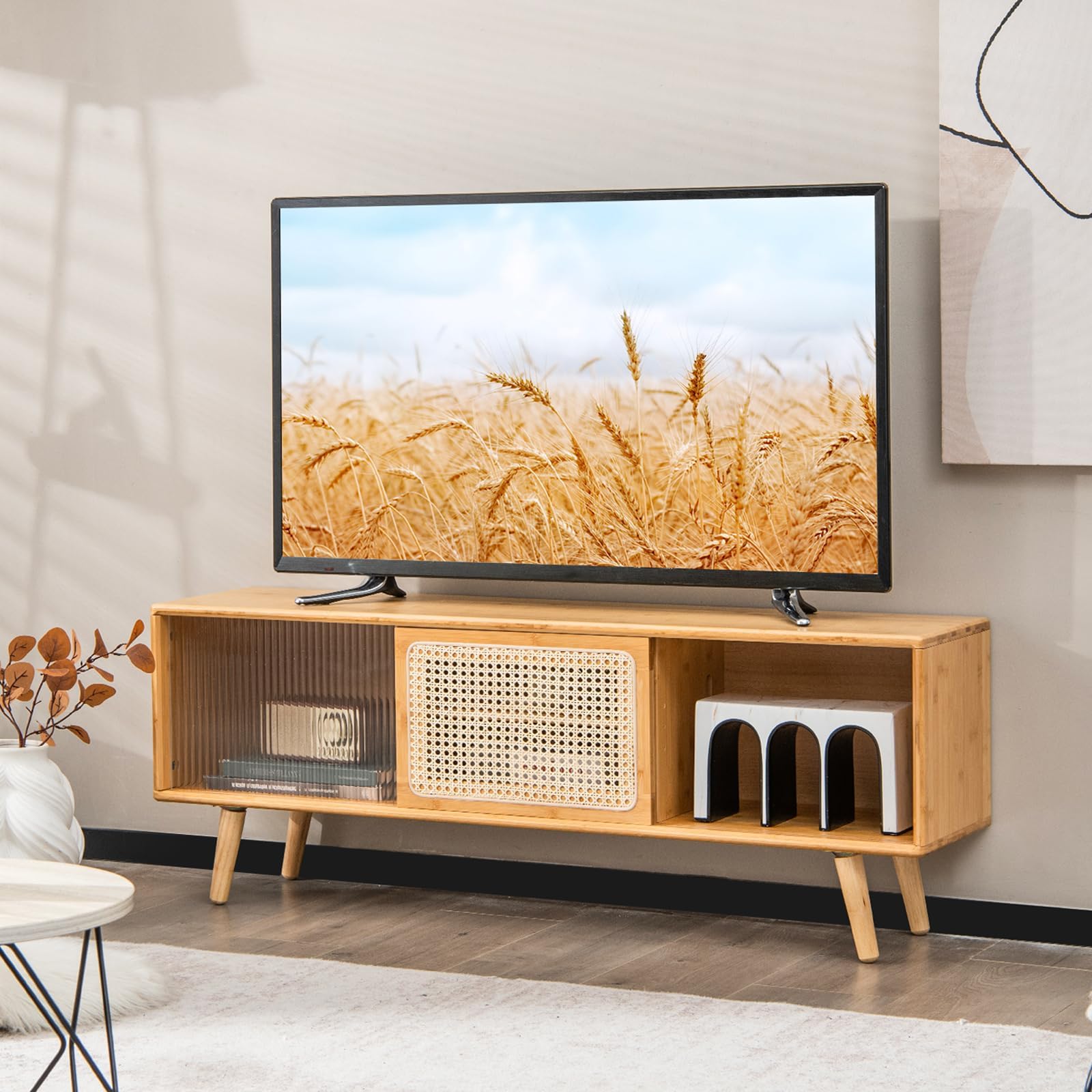 Amazon.com: Tiita Rattan TV Stand for 55 Inch TV, Bamboo TV Cabinet ...