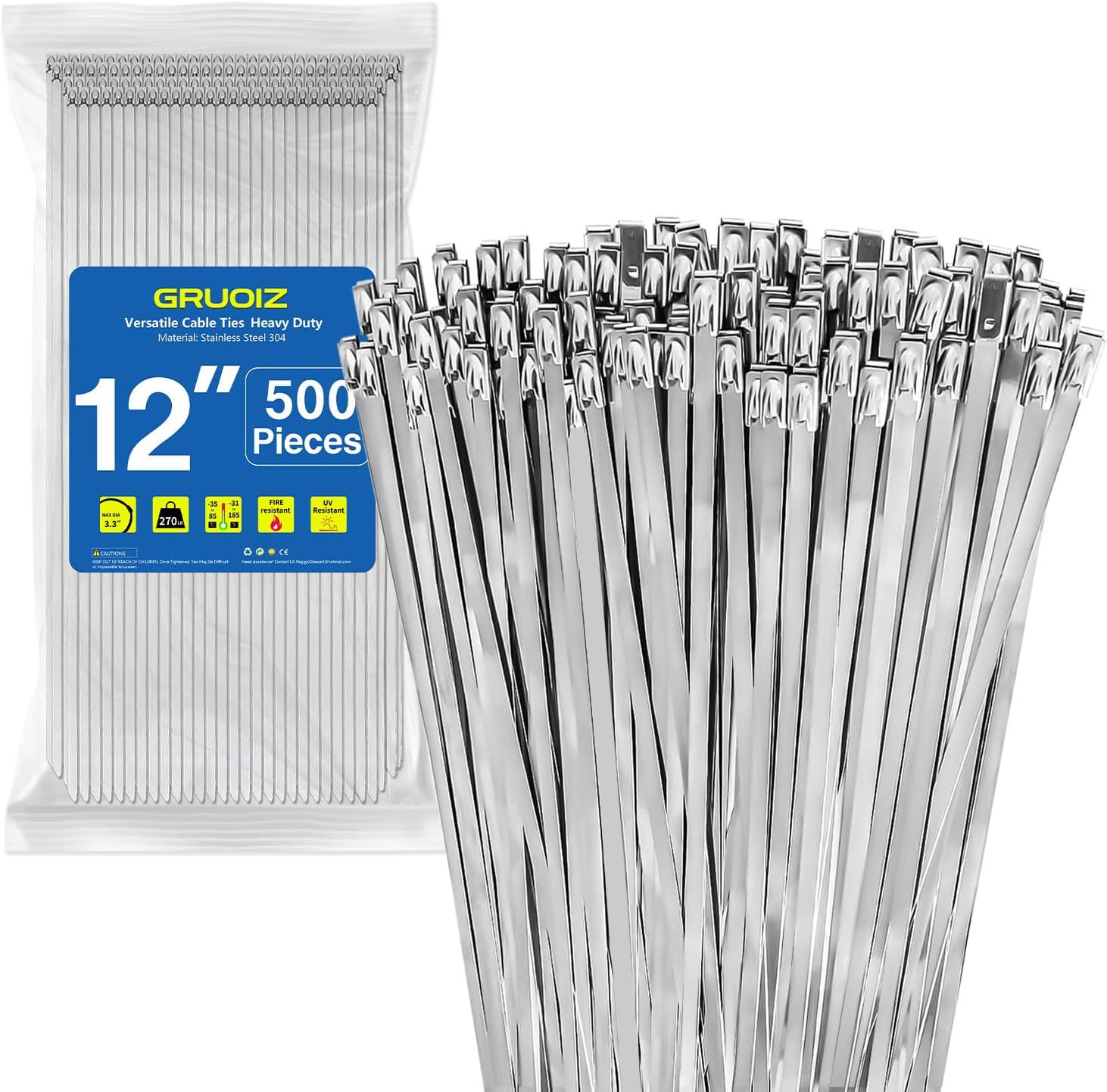 Amazon.com: 500Pack Stainless Steel Cable Zip Ties 12 inch 304 Metal ...