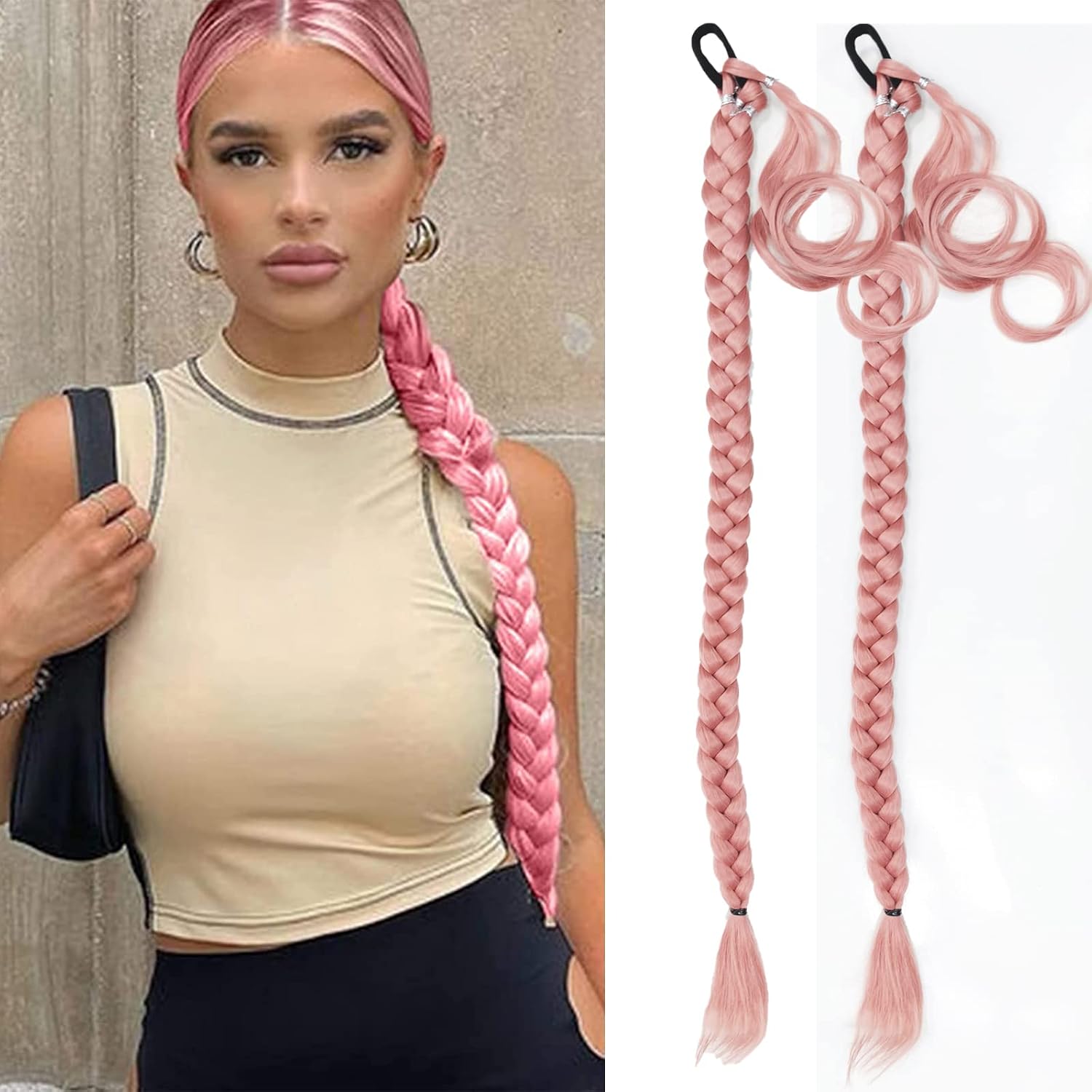 Amazon.com : 2 Pack Pink Braided Ponytail Extension for Black Women ...