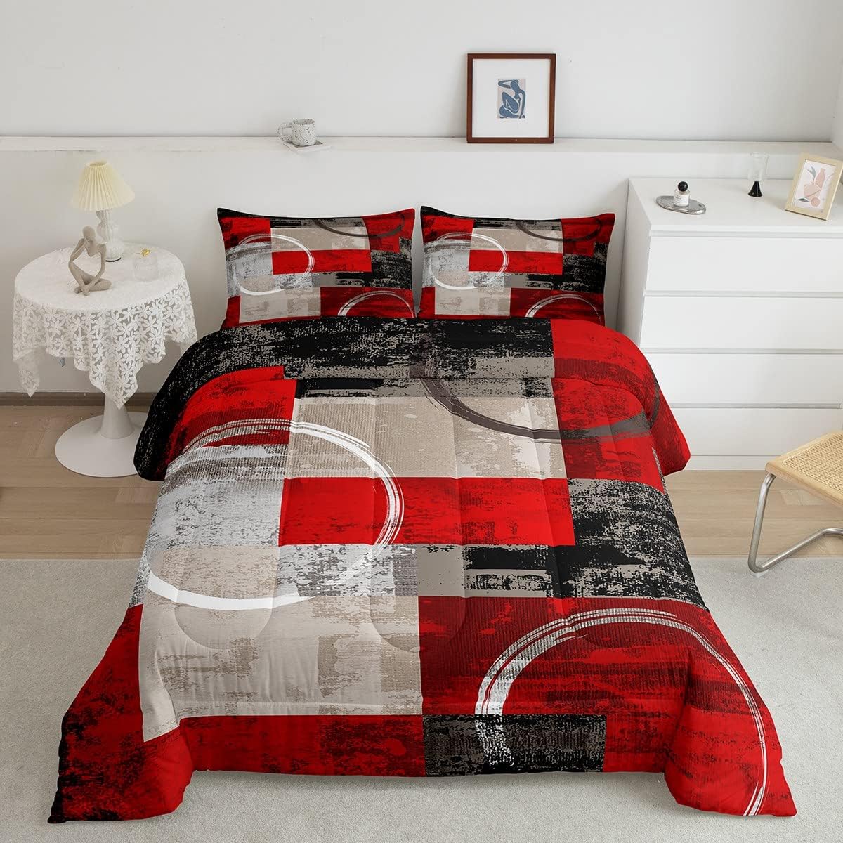 Amazon.com: Red Grunge Ombre Comforter Set Geometric Circle Bedding Set ...