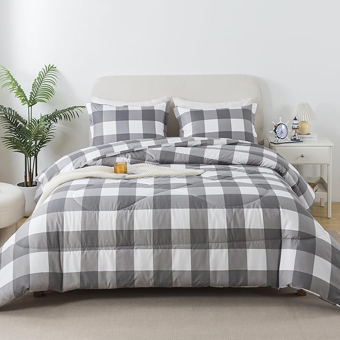 Amazon.com: Caressma White Gray Plaid Comforter Set King, Farmhouse ...