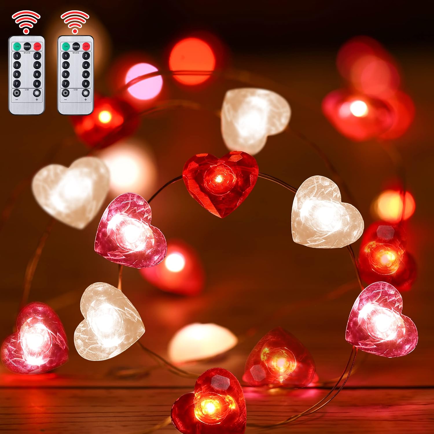 Amazon.com: Hiboom 2 Pcs Valentine's Day Heart String Lights with Timer ...
