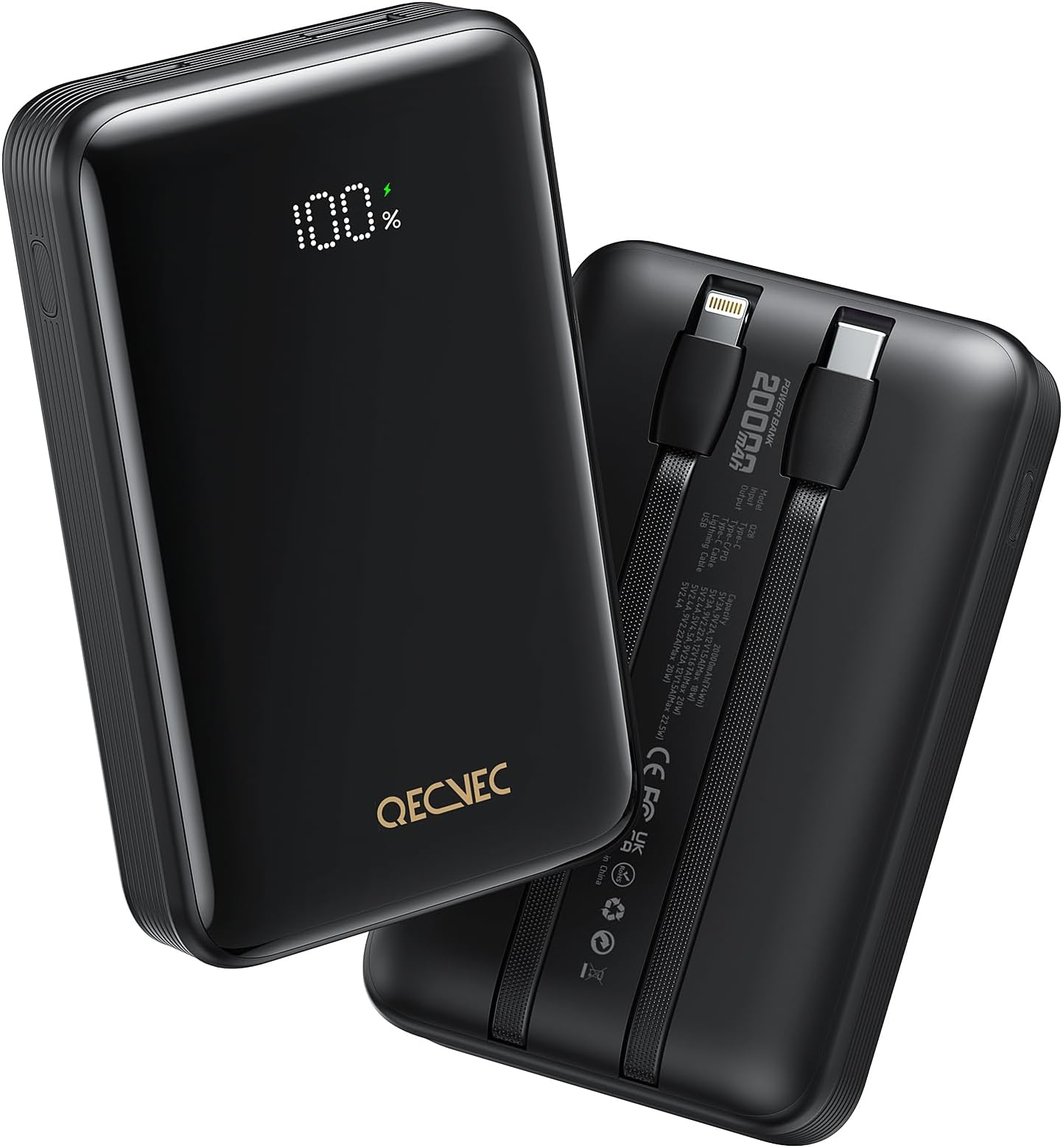 Qecvec Power Bank,Portable Charger 20000mAh with 2 Built-in Cables, 22 ...