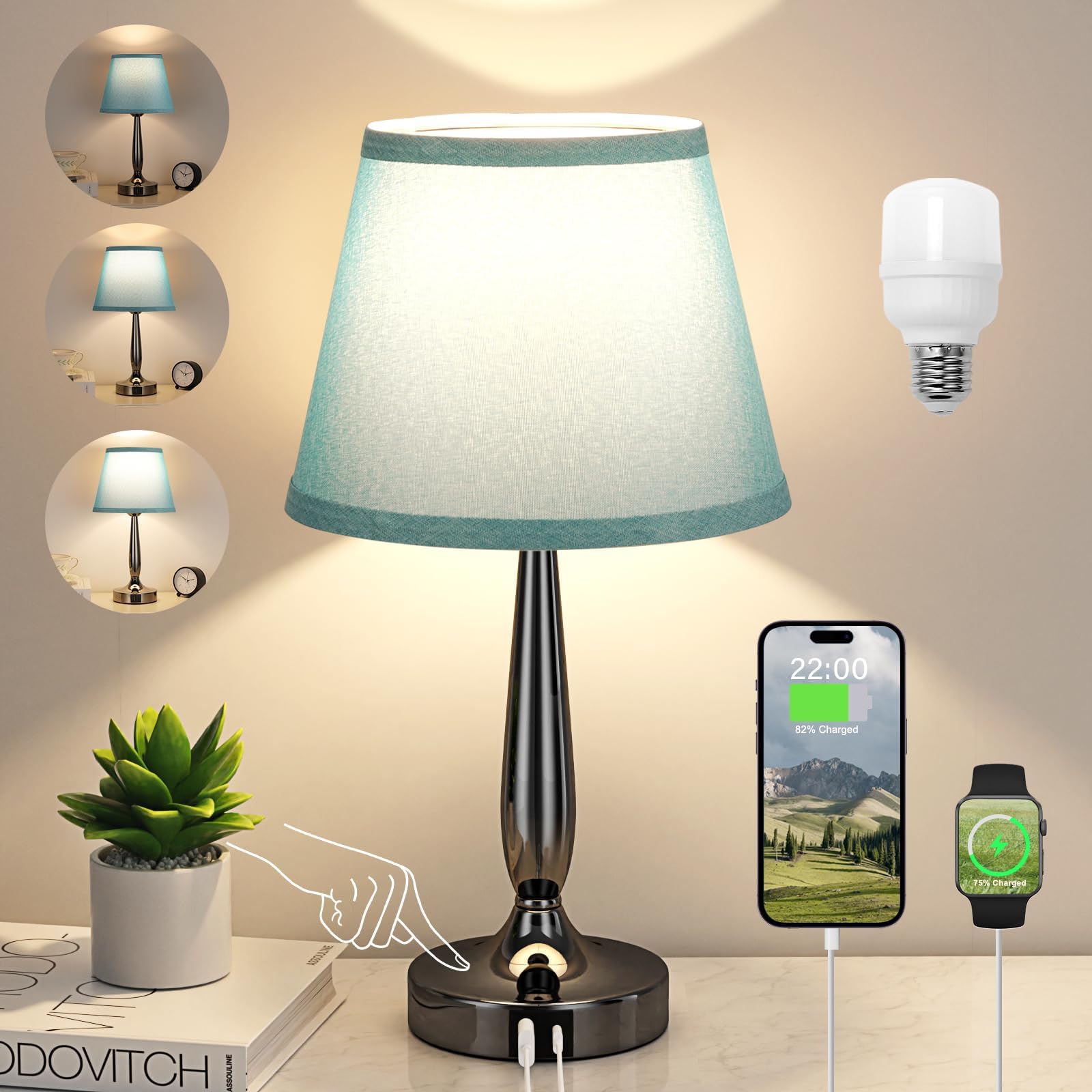 Amazon.com: Touch Bedside Lamp for Bedroom with USB C Port, Small Touch ...