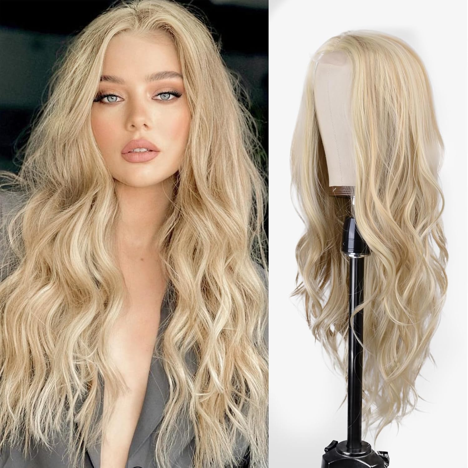 Amazon.com: T-color Long Blonde Wavy Wig for Women 26 Inch Middle Part Curly Wavy Wig Natural ...