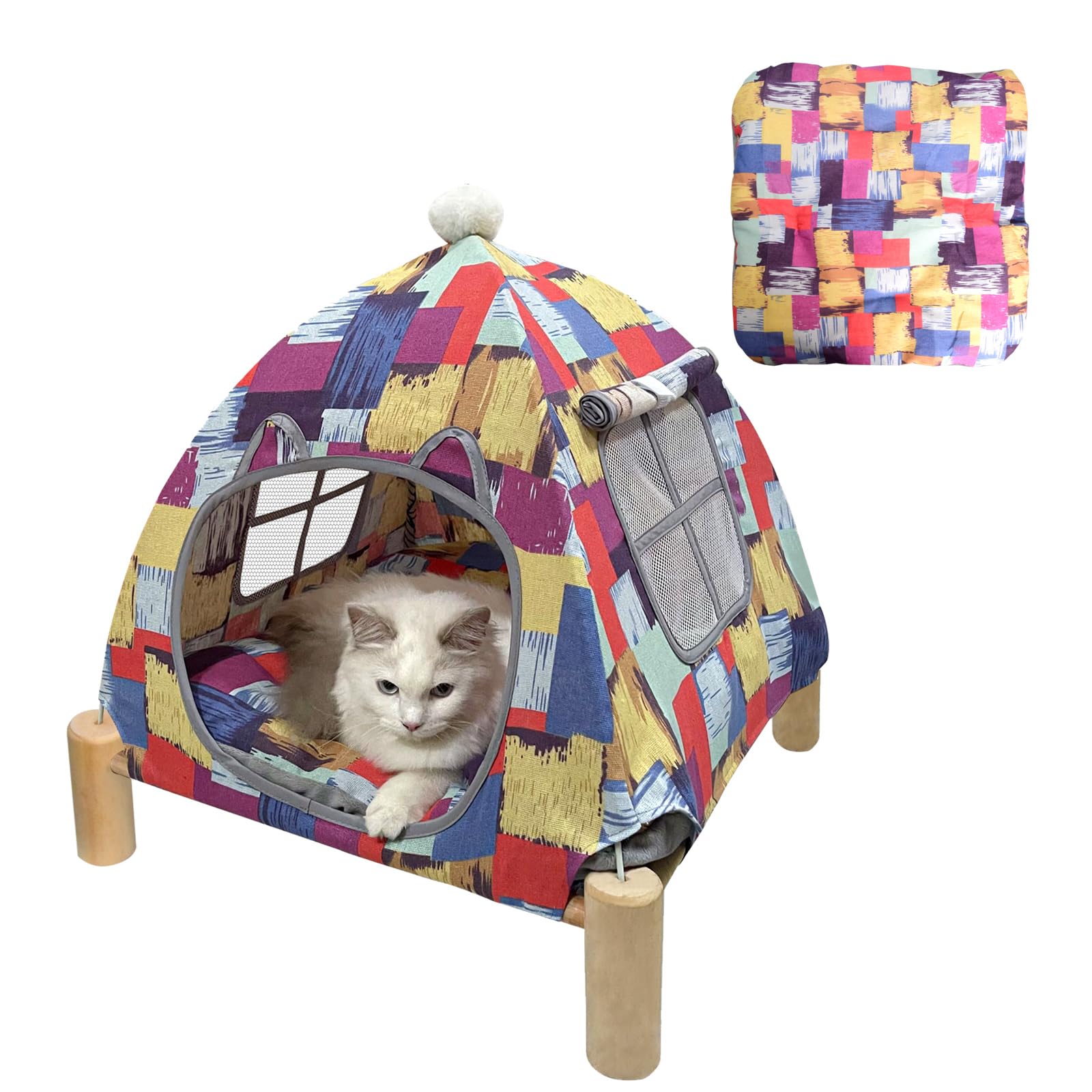 Snapklik.com : 2 In 1 Cat Bed Tent Wooden Frame Cat Teepee Cat Hammock ...