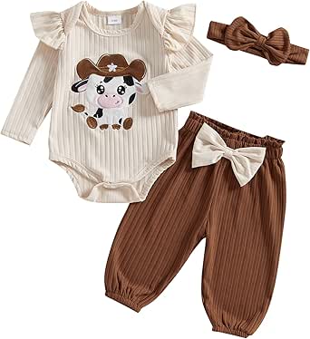 Amazon.com: Chloefairy Newborn Baby Girl Western Clothes Cow Print Ruffle Long Sleeve Romper ...
