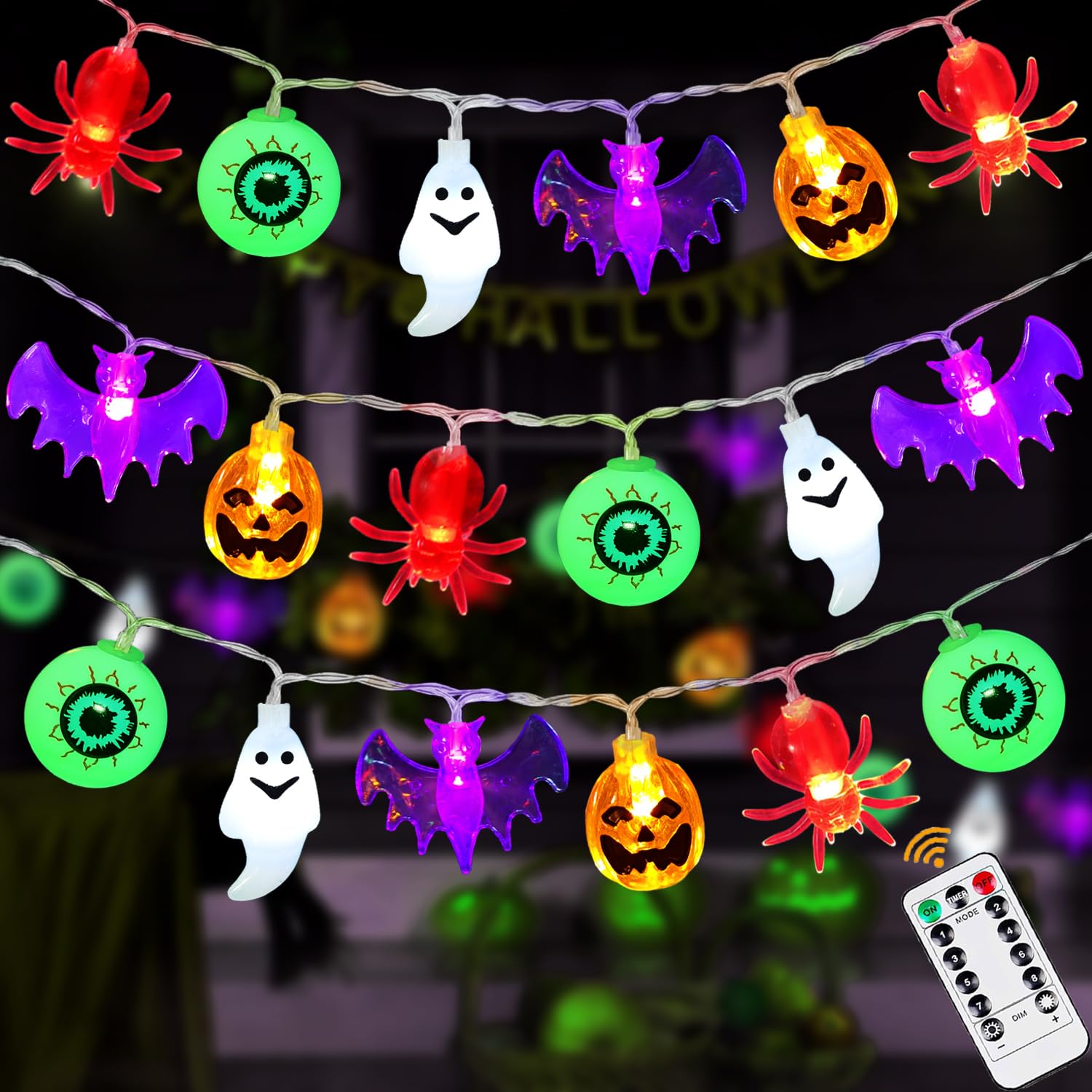 Amazon.com: Halloween Lights 50 LED 3D Eyeball Pumpkin Bat Spider Ghost ...