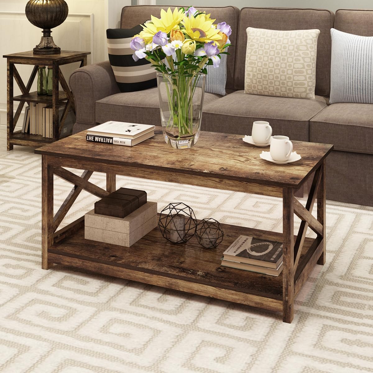 Amazon.com: Towallmark 2-Tier Wood Coffee Table, Farmhouse Coffee Table ...
