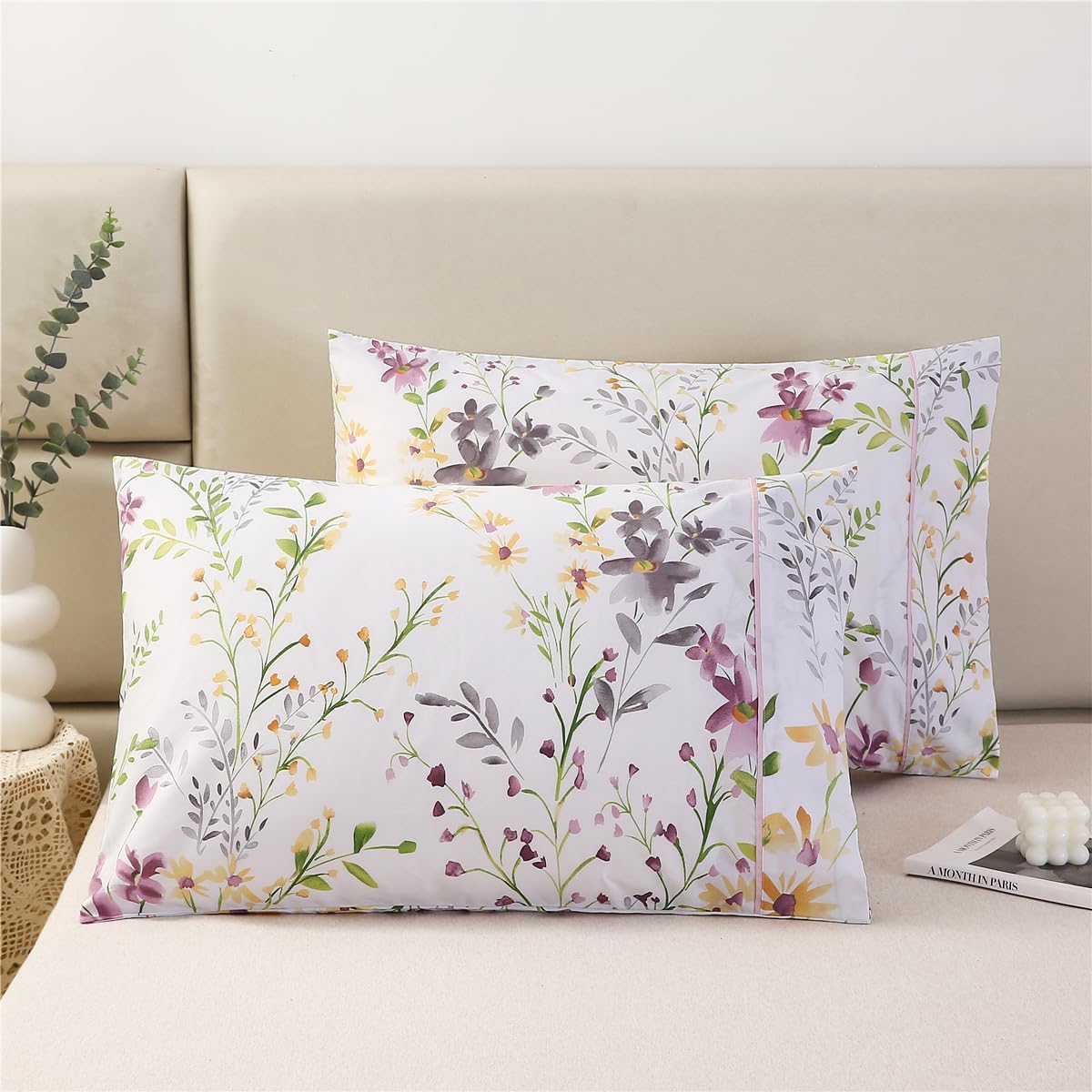 Amazon.com: URBONUR 100% Cotton Pillowcases Set of 2 Queen Size Floral ...