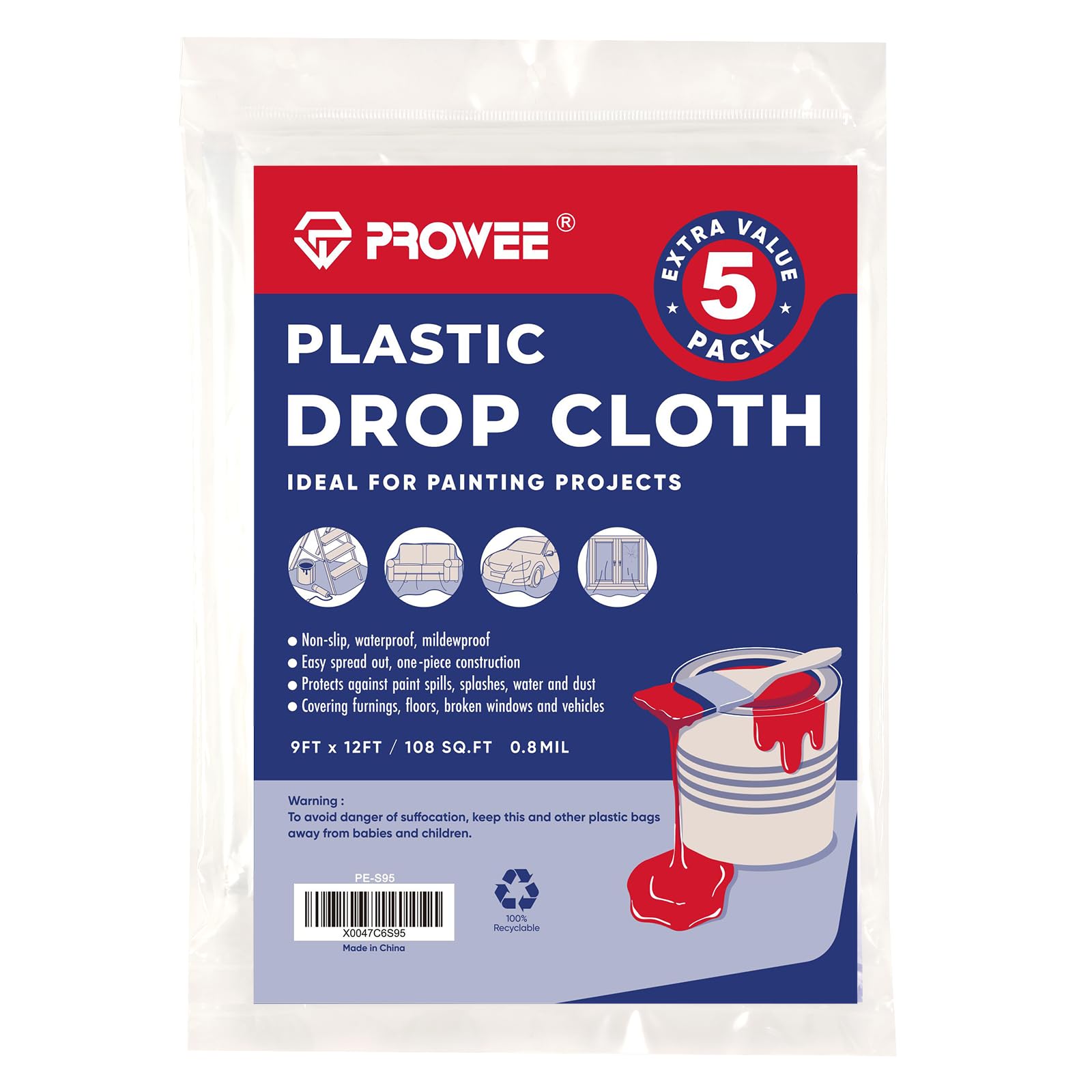 PROWEE 5 Pack 0.8 mil Plastic Drop Cloth for Painting 9-Feet x 12-Feet ...