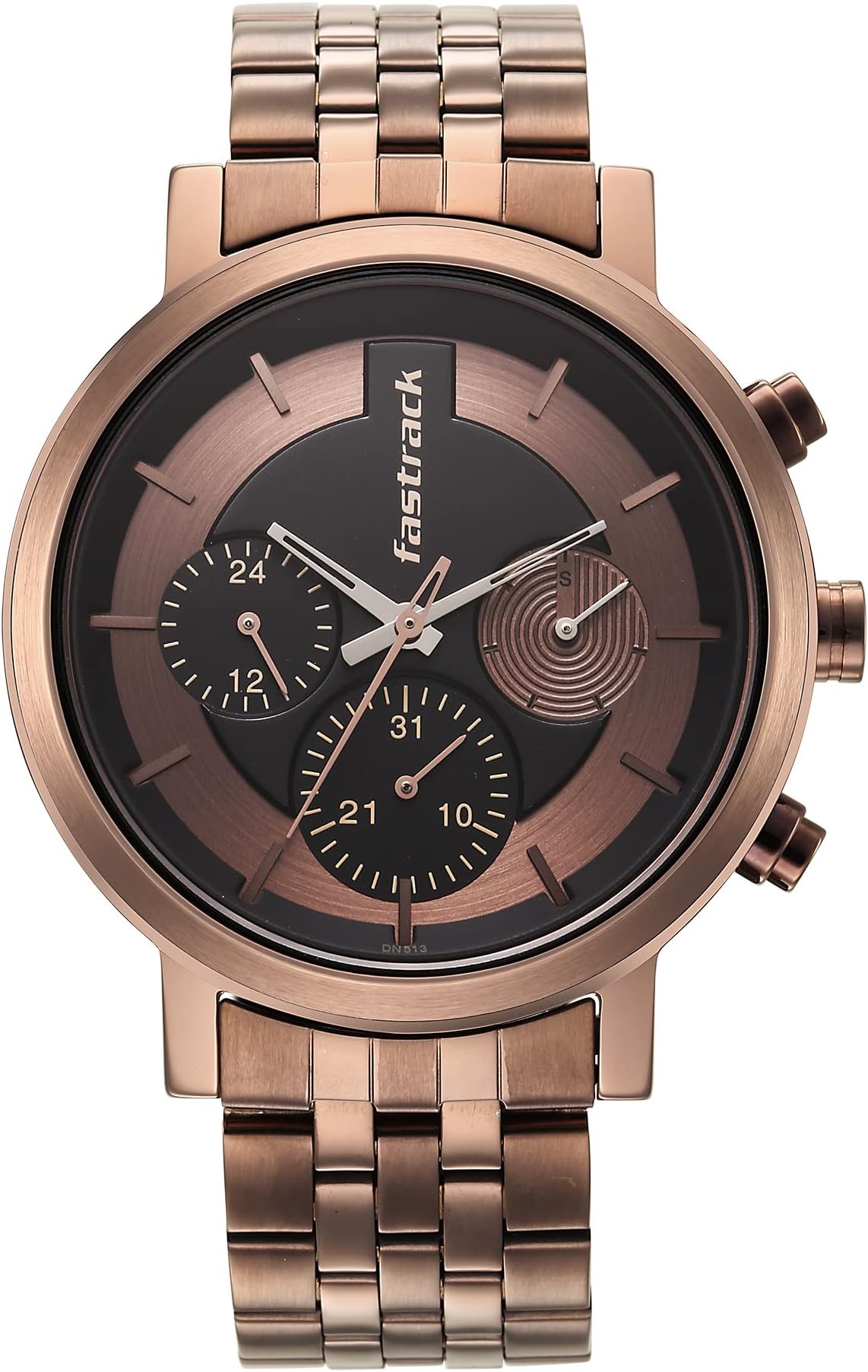Fastrack Men Tick Tock Quartz Multifunction Black Dial Rose Gold Metal ...