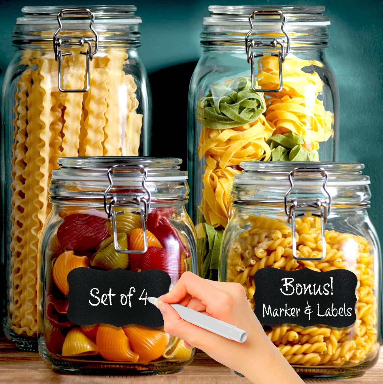 Amazon.com: 4 Glass Food Storage Jars with Airtight Lids + Chalkboard ...
