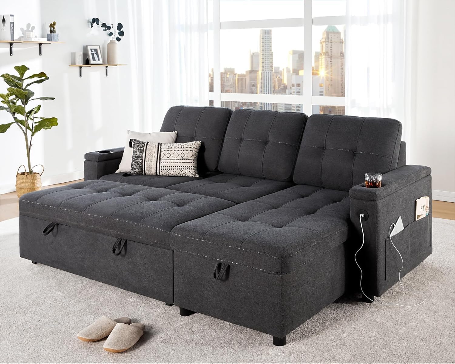 Jocisland Sofa Bed, Sleeper Sofa with USB Charging Ports, L-Shaped ...
