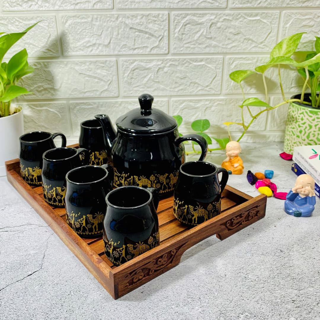 Buy Homefrills Hand Painted Ceramic Tea Kettle Set with 6 Cups(150ml ...