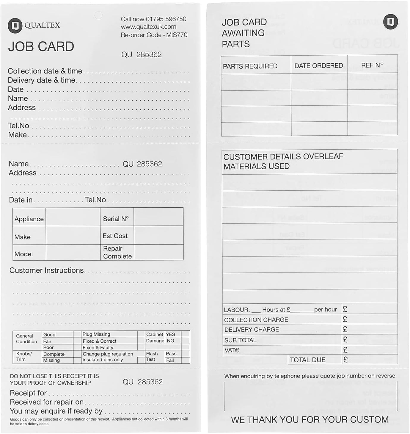 Masterpart Engineer Job Card Works Record Sheet Pad Garage Workshop ...