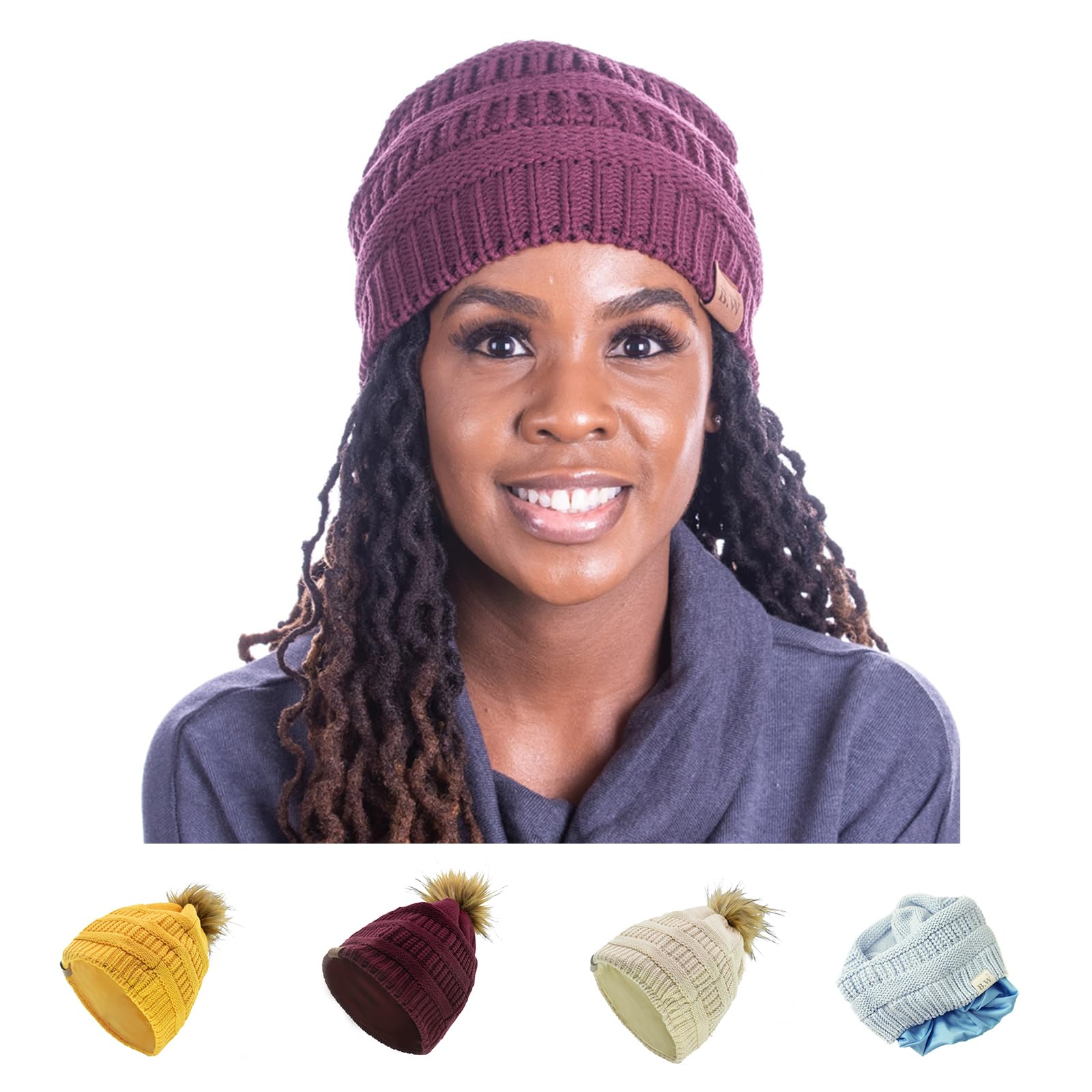 Pack of 4 Satin Lined Winter Hats for Curly Hair | Frizz-Free Beanies ...