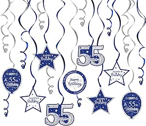 Amazon.com: Nelbiirth Happy 55th Birthday Blue & Silver Glitter Swirls ...