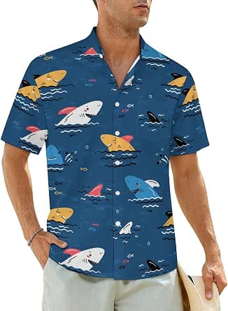 Amazon.com: Smiling Shark Sea Shark Fin Men's Short Sleeve Shirt Casual ...