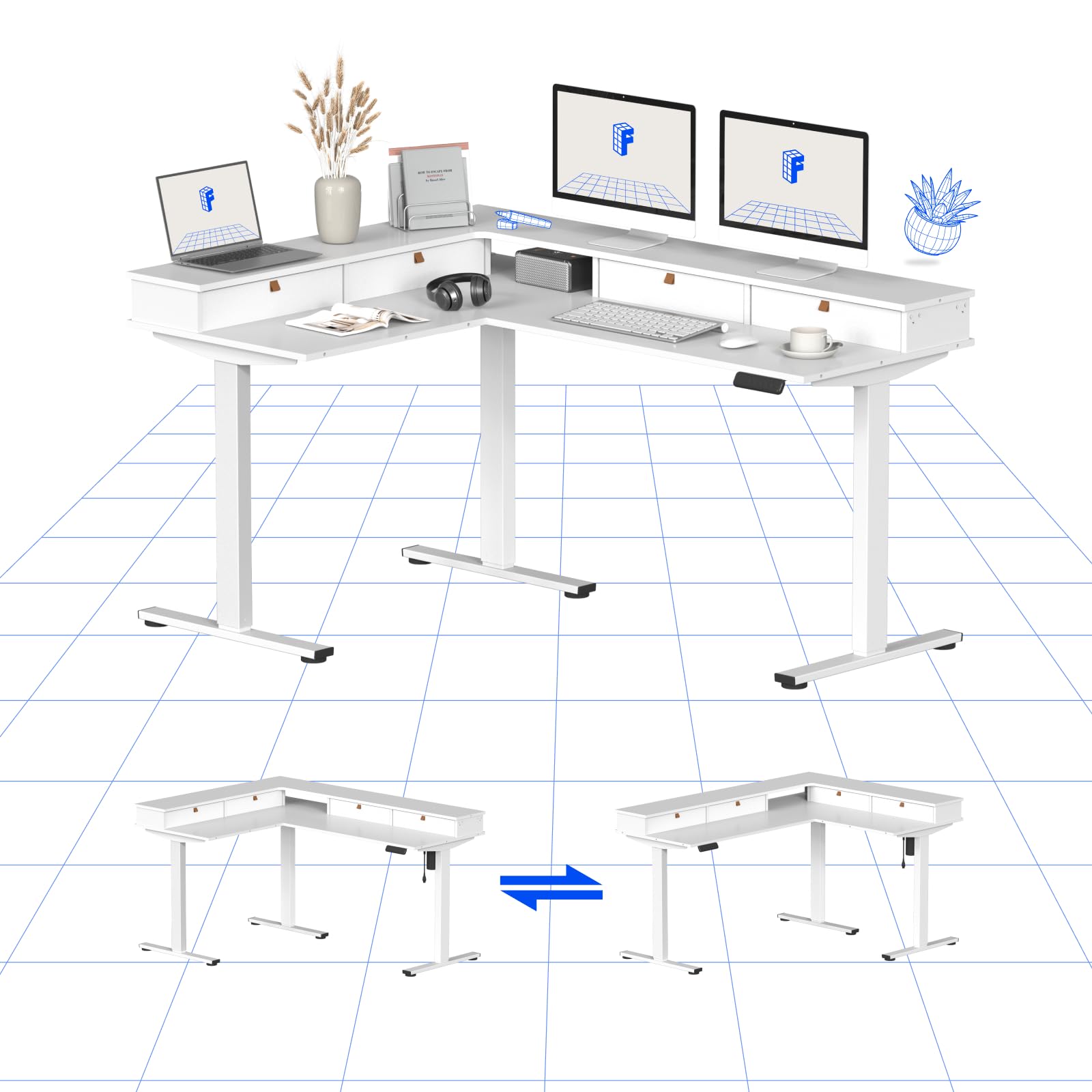 FLEXISPOT L Shaped Electric Standing Desk, 160 x 120 cm with 4 Drawers ...