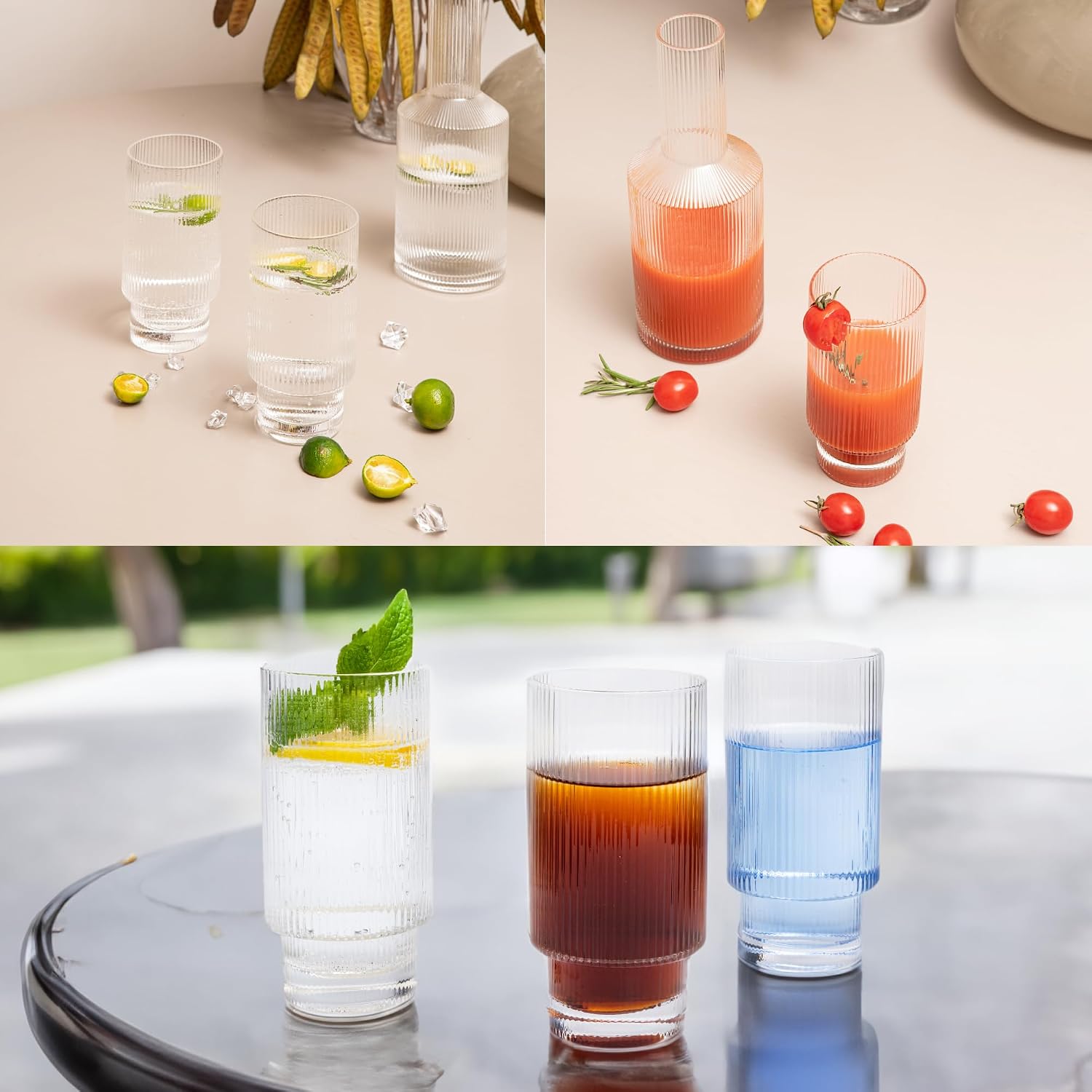 POWERLIX Juego de 4 vasos acanalados con jarra, juego de 4 vasos ...