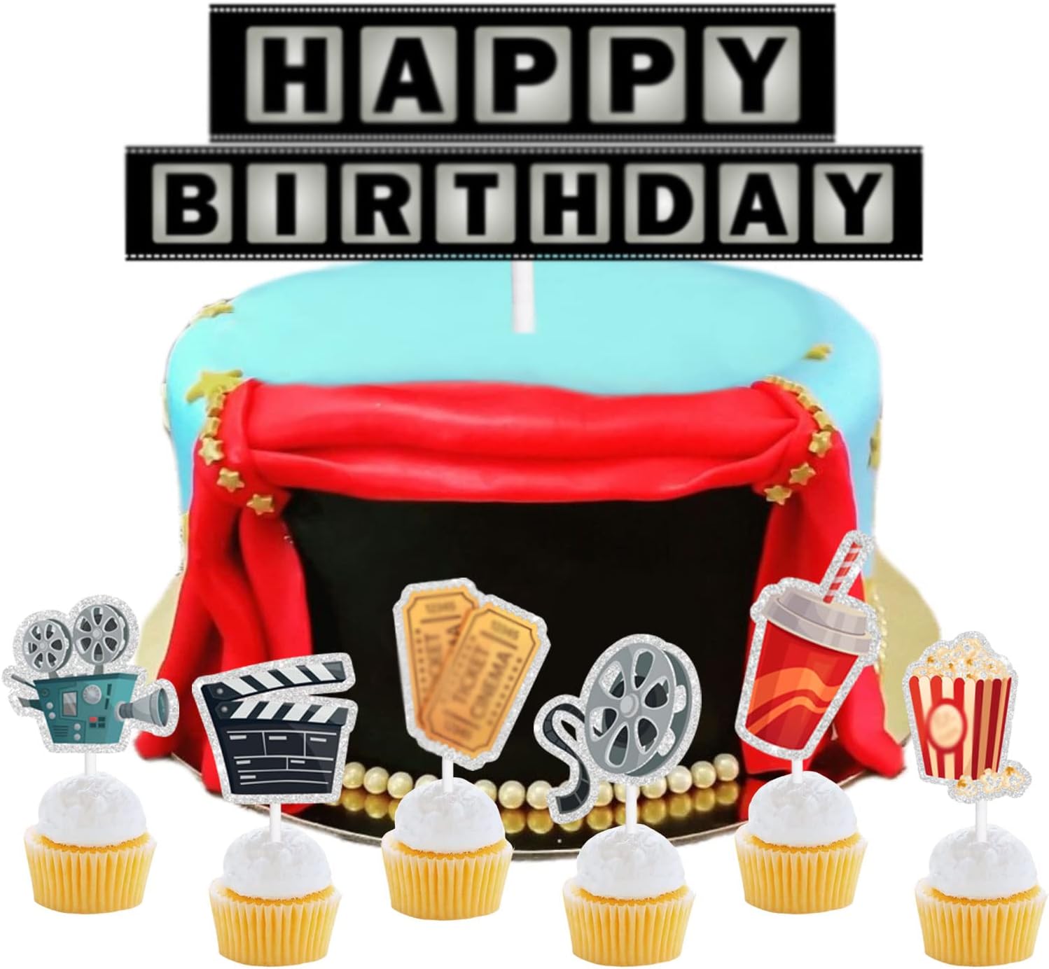 Glitter Happy Birthday Movie Night Cake Topper Decor Kit - Hollywood ...