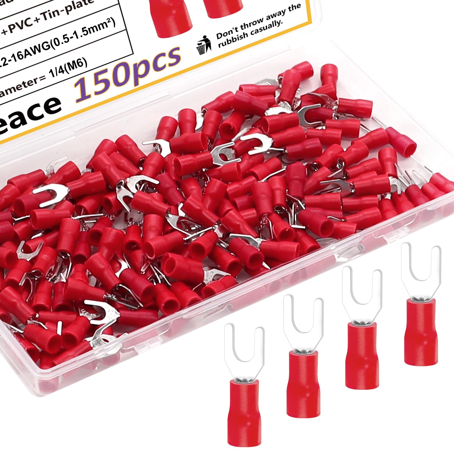 smseace 150Pcs 1/4(M6) 22-16AWG Fork Spade Connectors Wire Fork ...