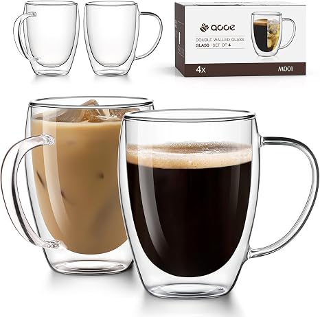 Amazon.com | OJA Double Wall Glass Coffee Mugs Set of 4, Hand Blown 12 ...