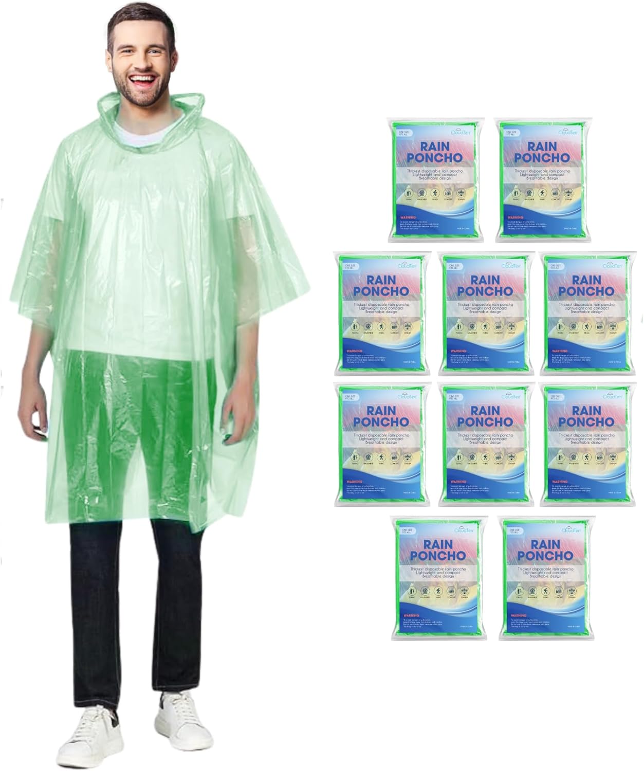 CloudTen Compact and Disposable Rain Ponchos for Adults (Green (10 ...