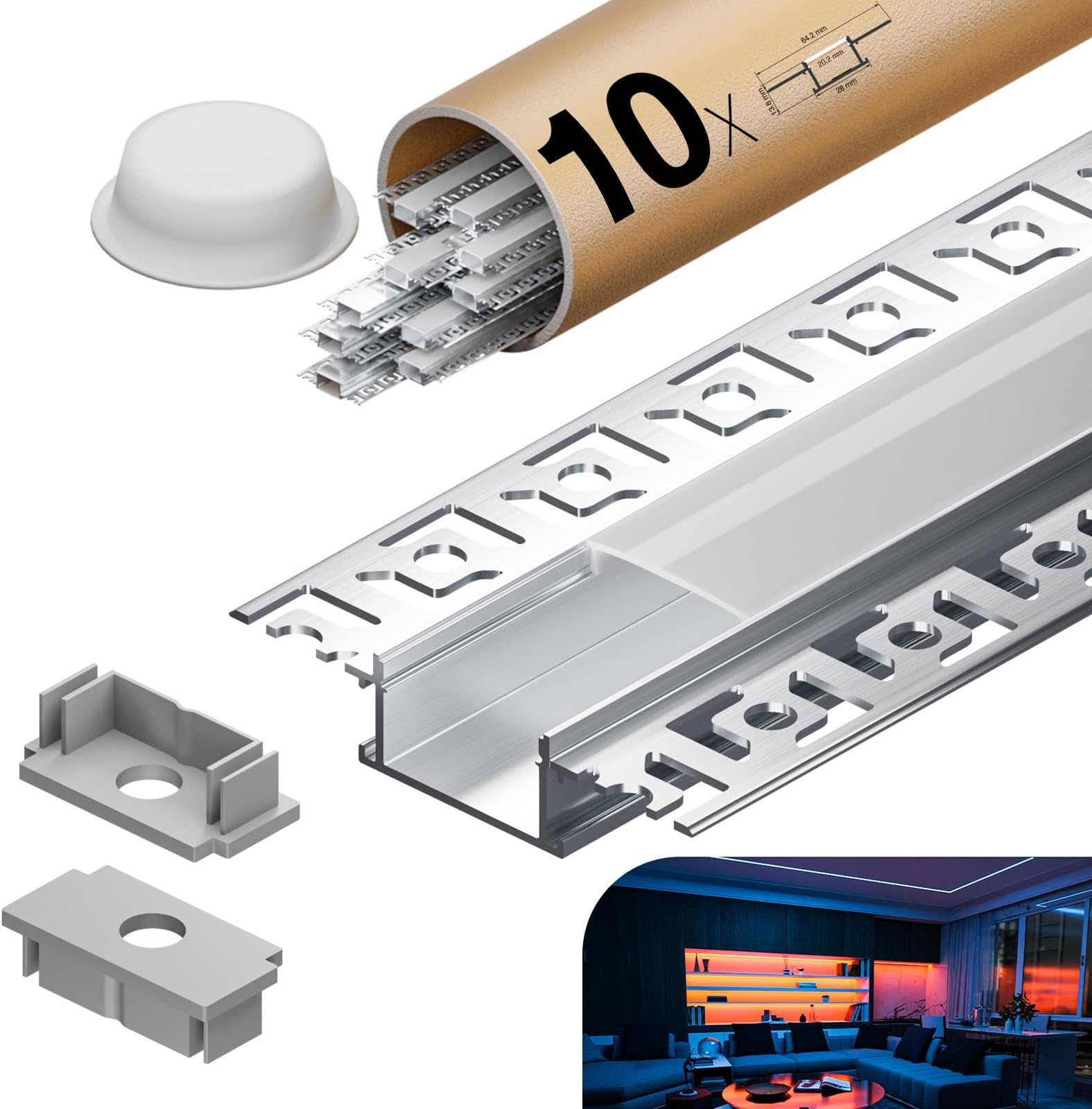 KOSOOM Profile led 2 m x 10 pièces 20 m, avec couvercle mat, Profilé ...