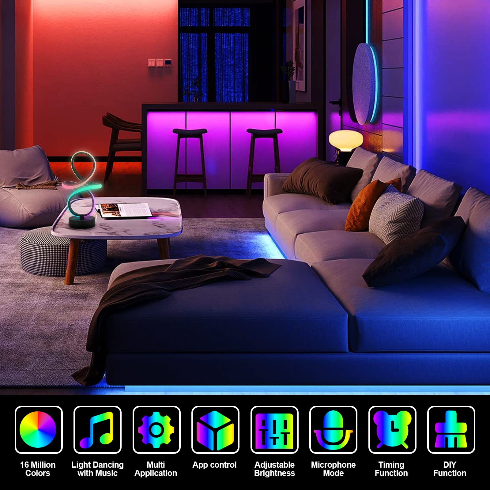 Modern RGB Table Lamps, 7 Colors 10 Light Modes Modern Bedroom Lamp ...