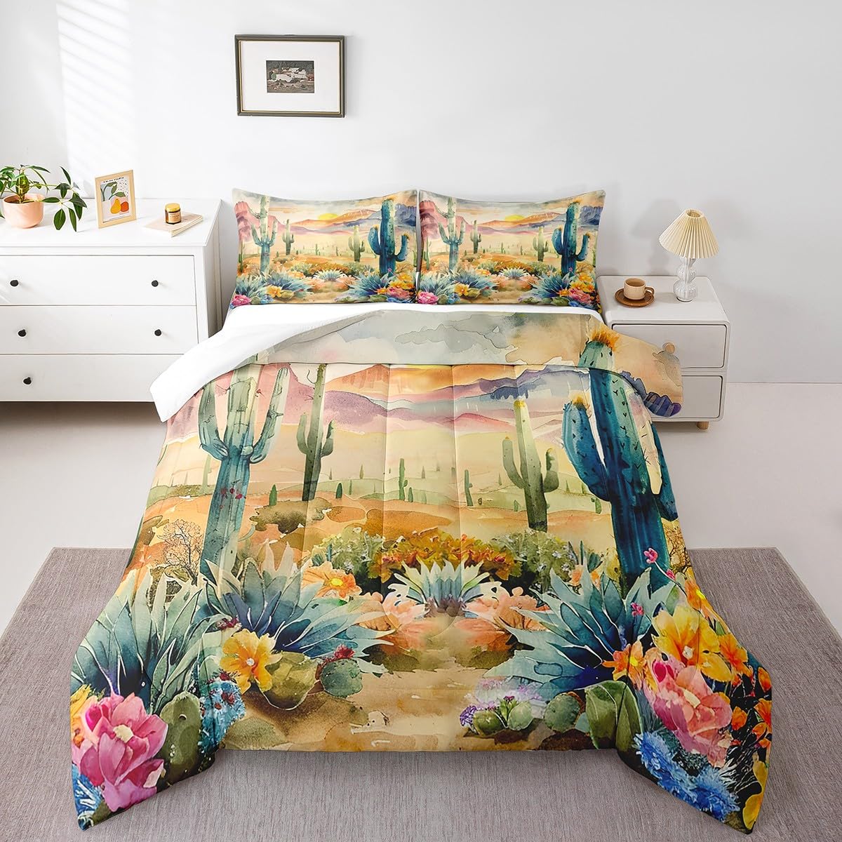 Amazon.com: Watercolor Desert Bedding Set King Size Green Cactus Plant ...