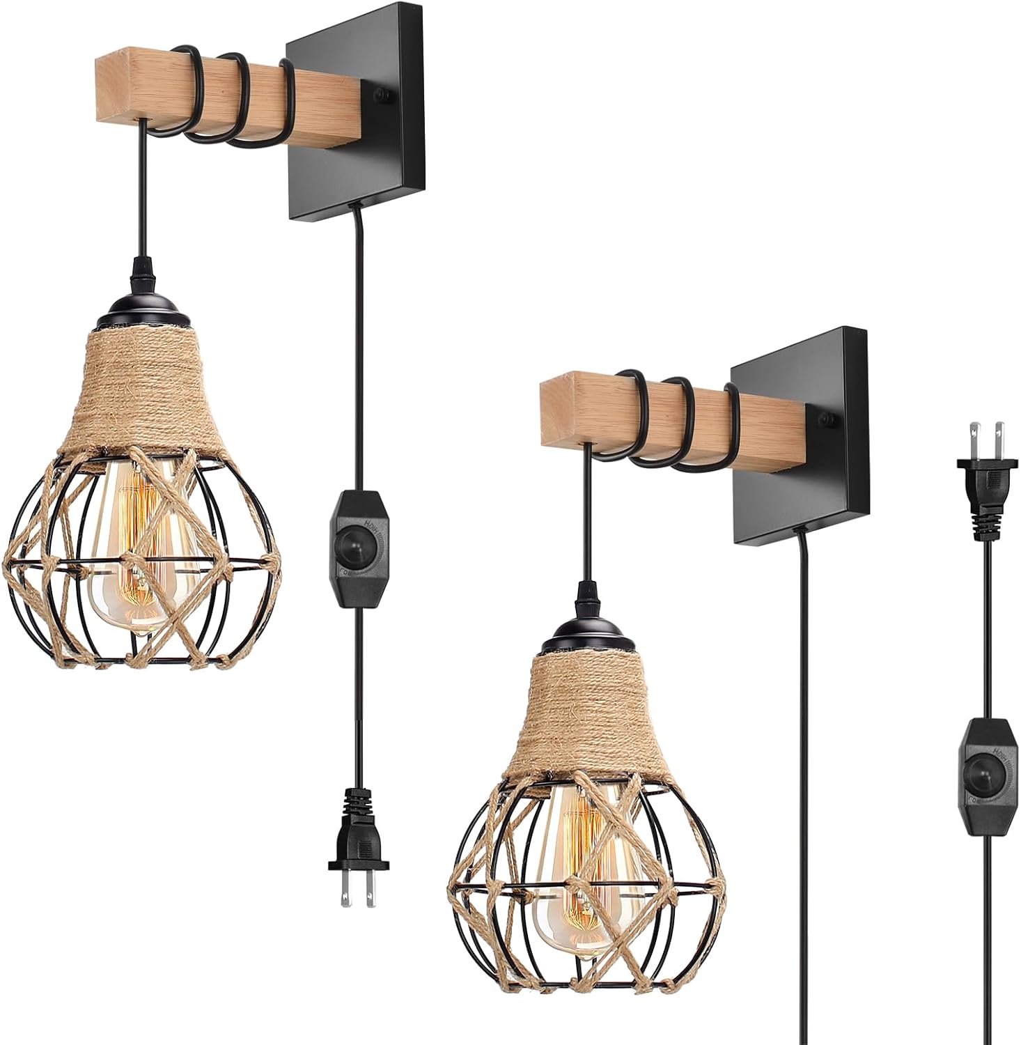 Wemily Plug-in Wall Sconces, Set of 2, Black, Woven Wall Mounted Lamp ...