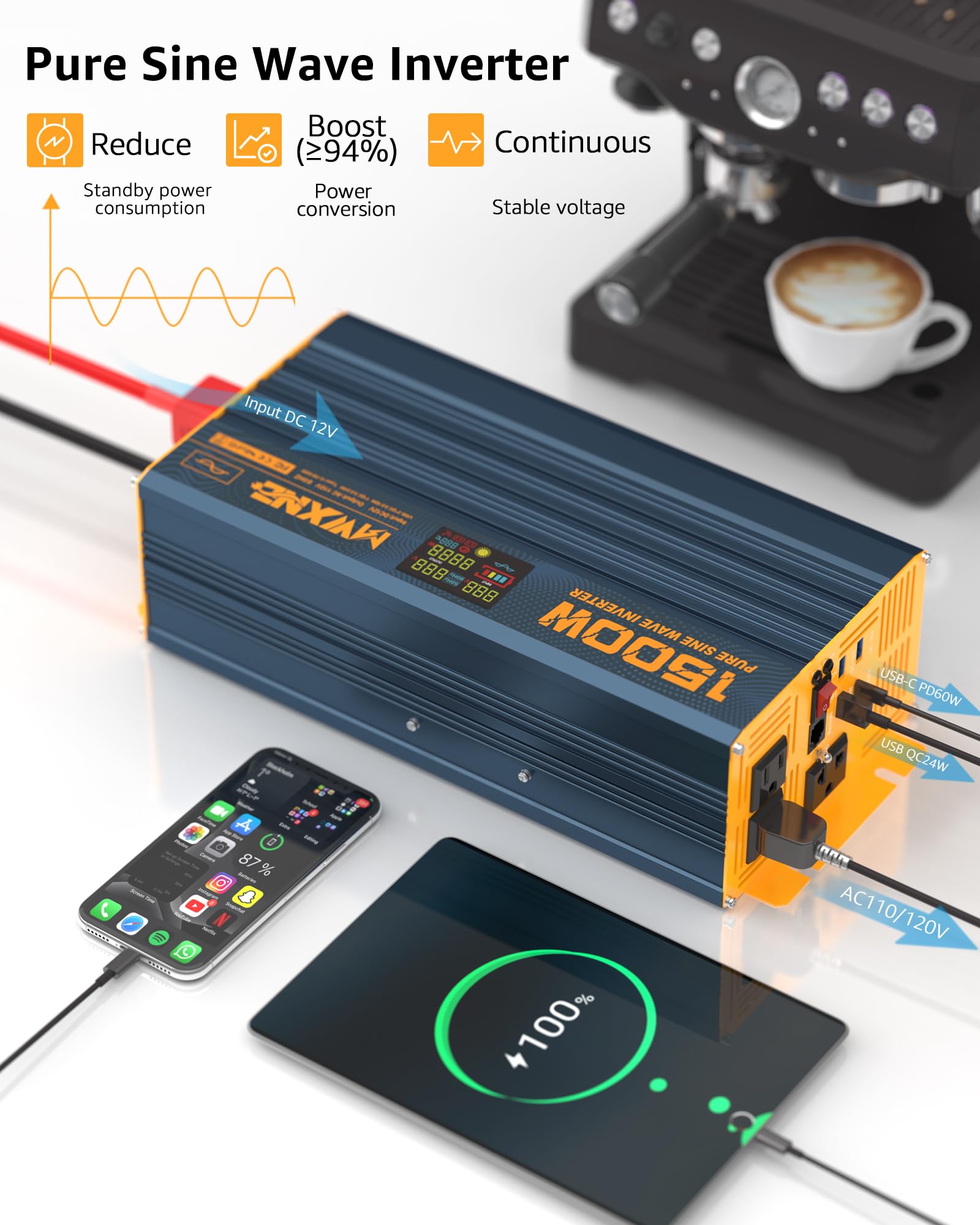 Snapklik.com : MWXNE 1500W/3000W(Peak) Power Inverter Pure Sine Wave DC ...