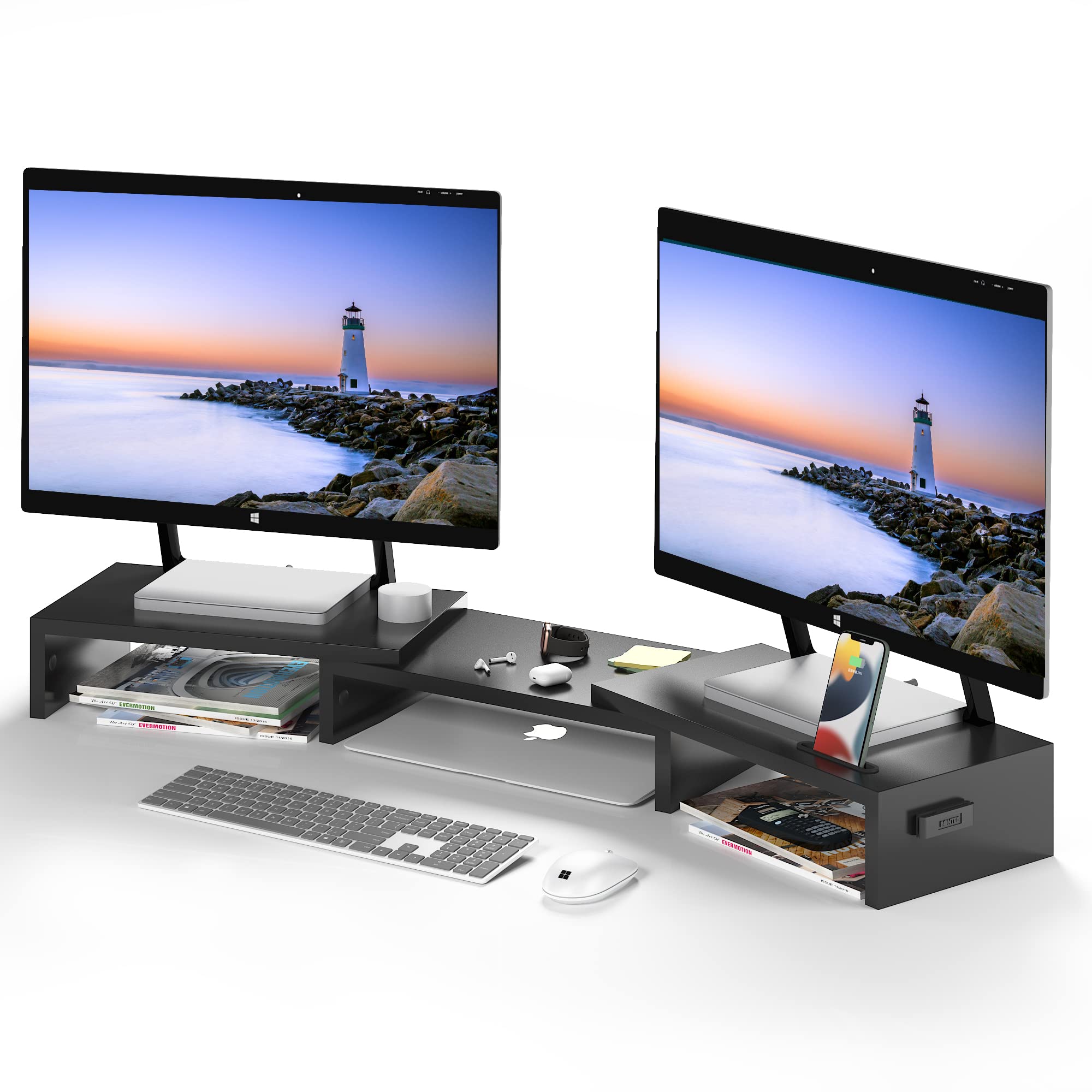 BONTEC Dual Monitor Stand with Smartphone Holder, Adjustable Length ...