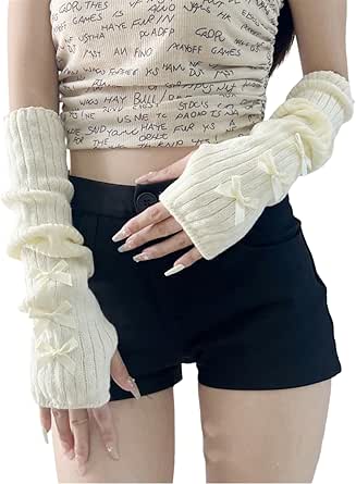 Napimico Cutecore Y2k Bow Arm Warmers Kawaii Knitted Half Finger Gloves ...