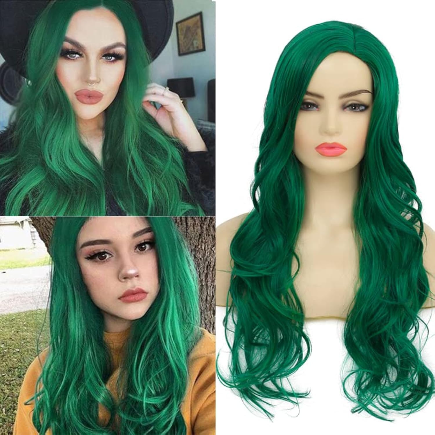 Amazon.com : Baruisi Long Curly Wavy Green Wigs for Women Side Part ...