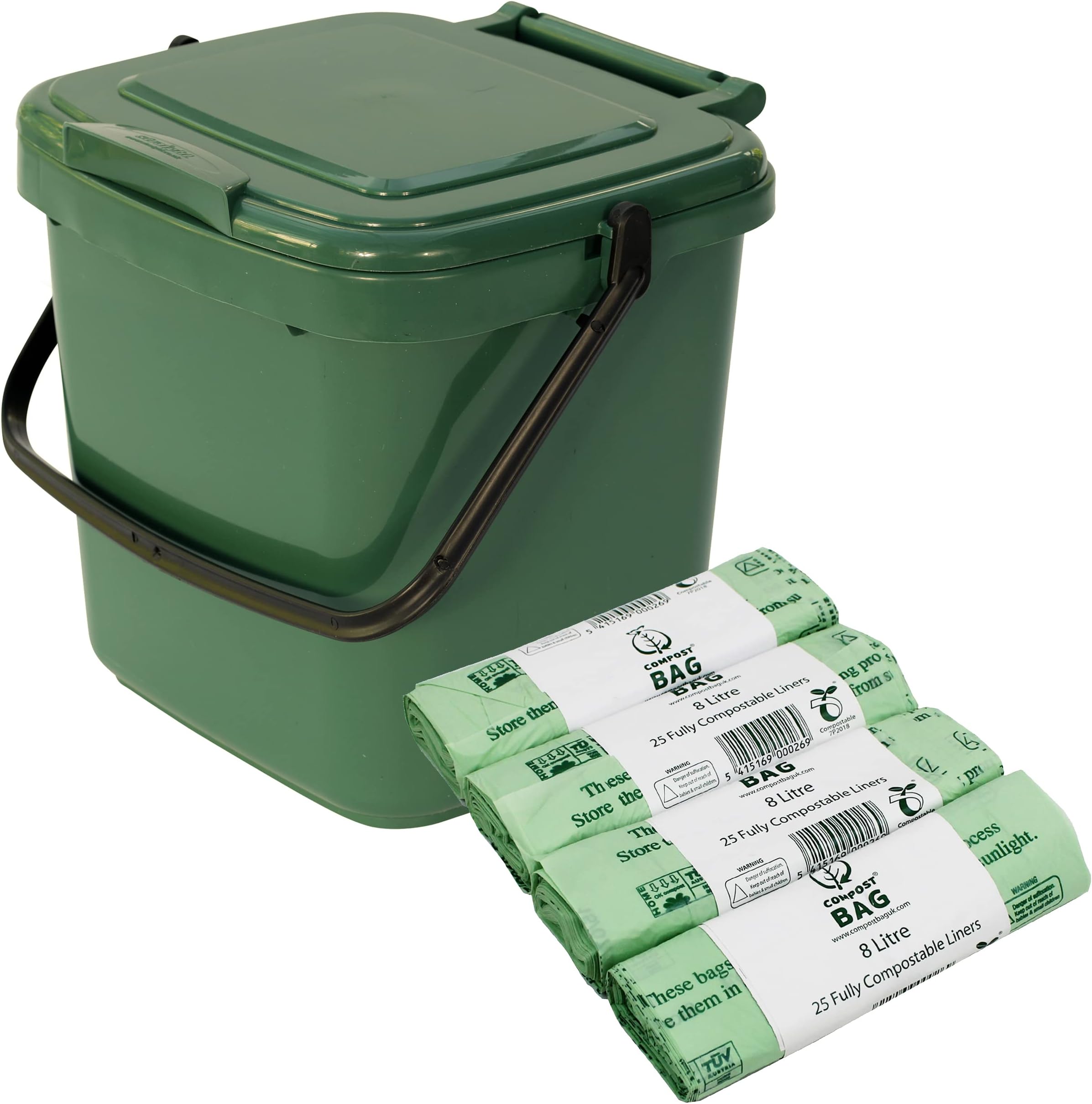 Sage Green Metal Kitchen Compost Caddy & 150x 6L All-Green Compostable ...