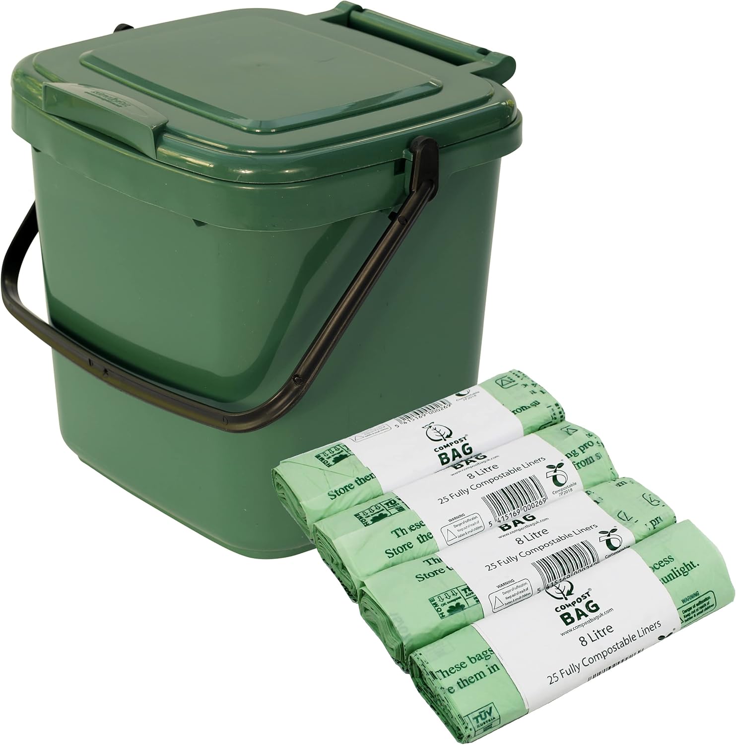 Amazon.com: Green Kitchen Compost Caddy & 100x 8L Biobags - for Food ...
