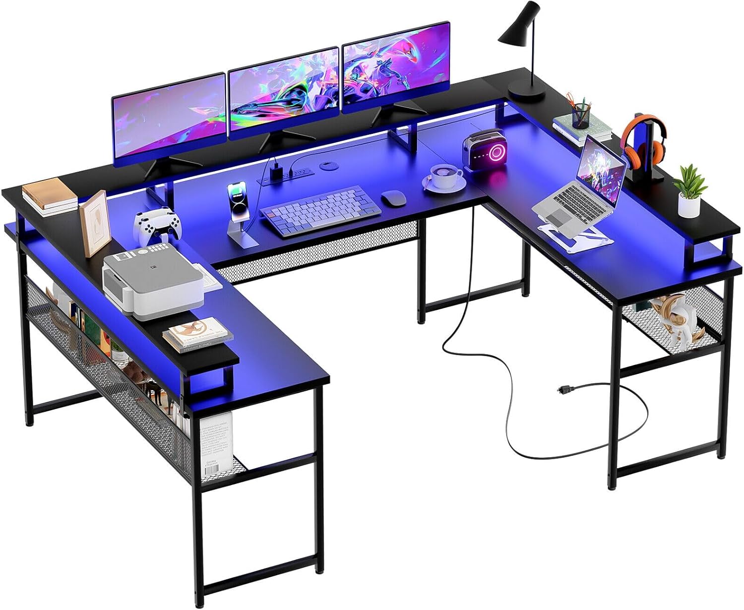 Amazon.com: CutuLi 130"" L Shaped Gaming Desk with LED Light & Monitor ...