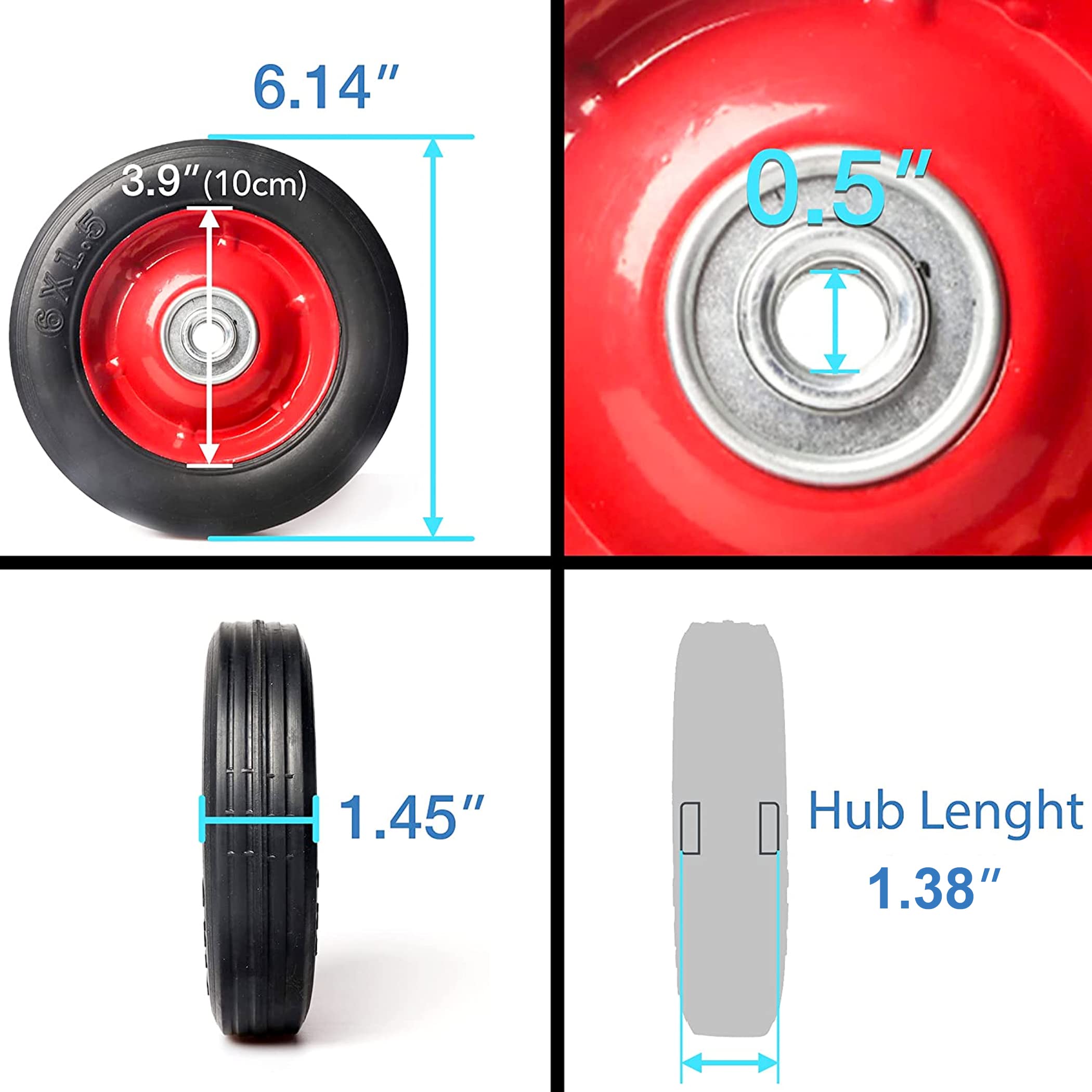 Snapklik.com : (2-Pack) AR-PRO 6 X 1.5 Flat Free Solid Rubber Wheel Assemblies - Replacement ...